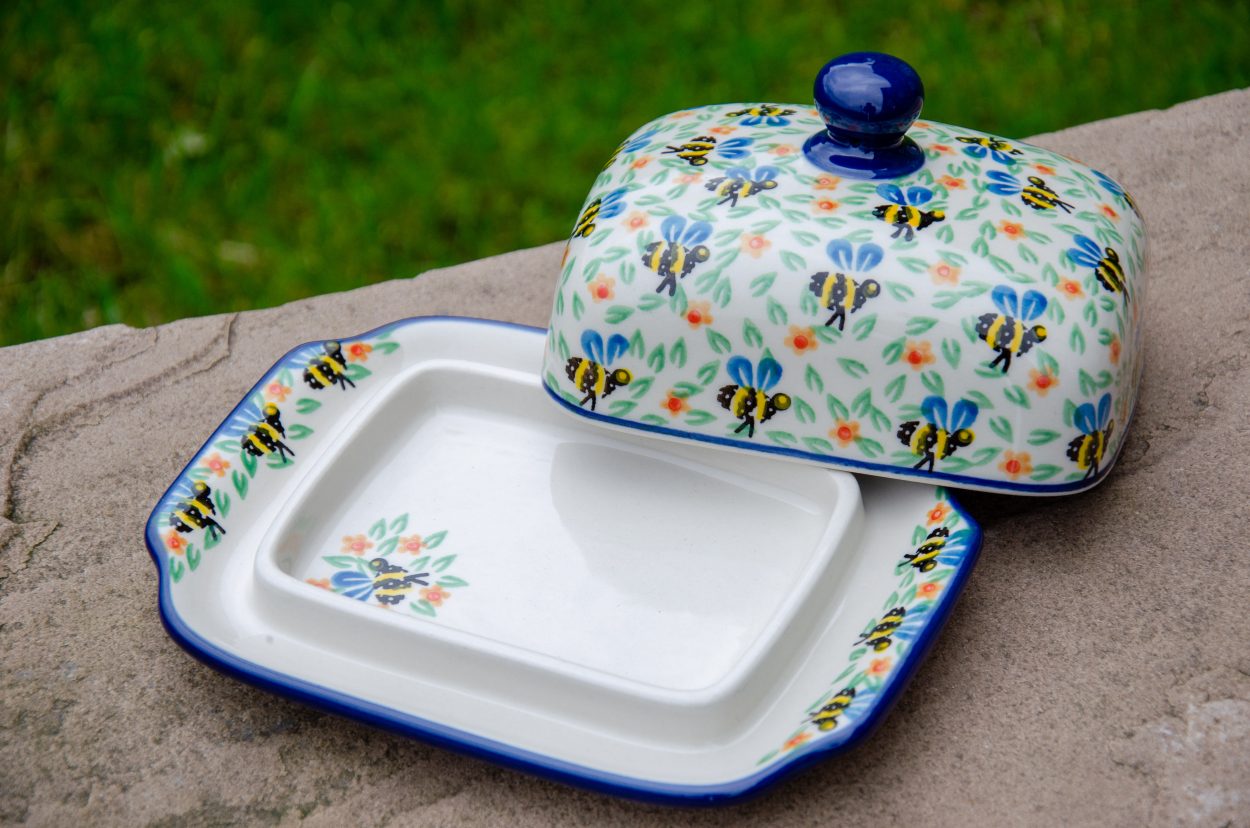 Polish Pottery Bee Pattern Butter Dish by Ceramika Artystyczna
