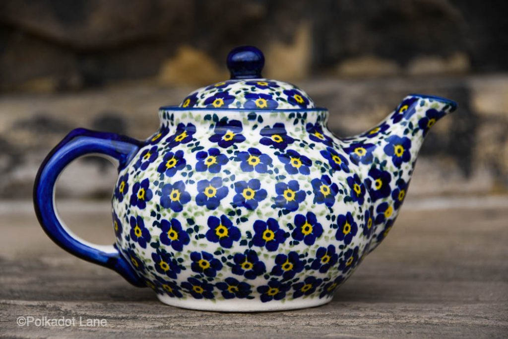 Polish Pottery Teapot for One Ditzy Blue Flower from Polkadot Lane UK