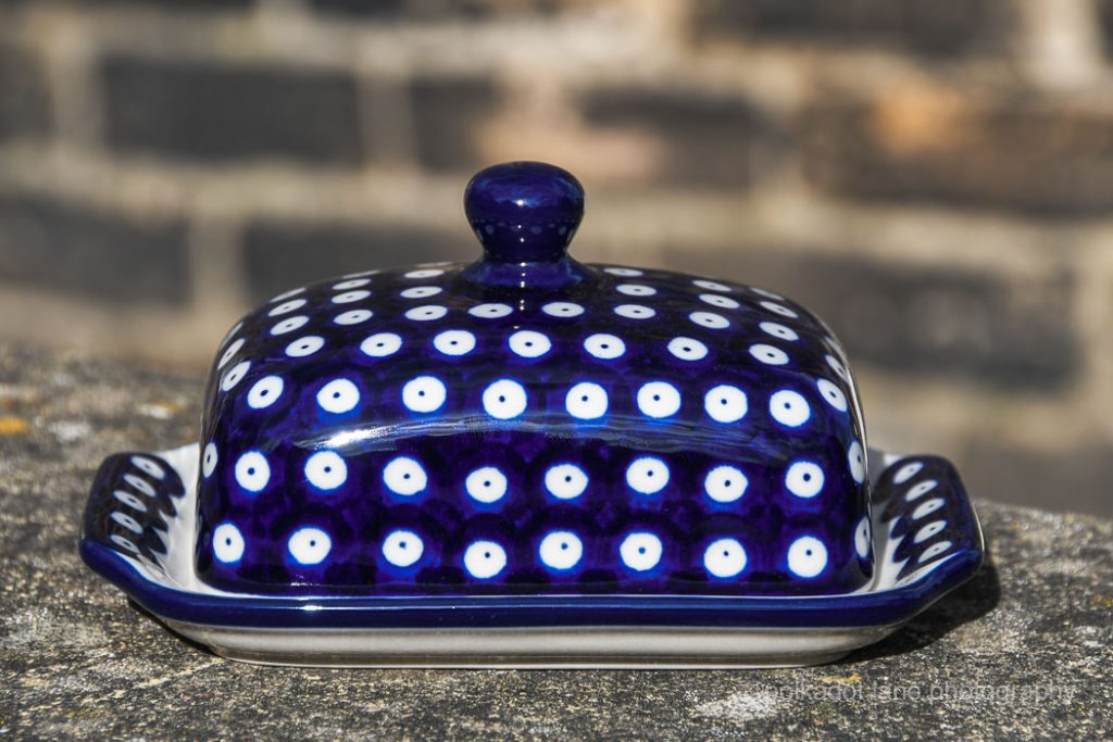 Polkadot Blue Butter Dish in the kitchen - Polkadot Lane Ceramics